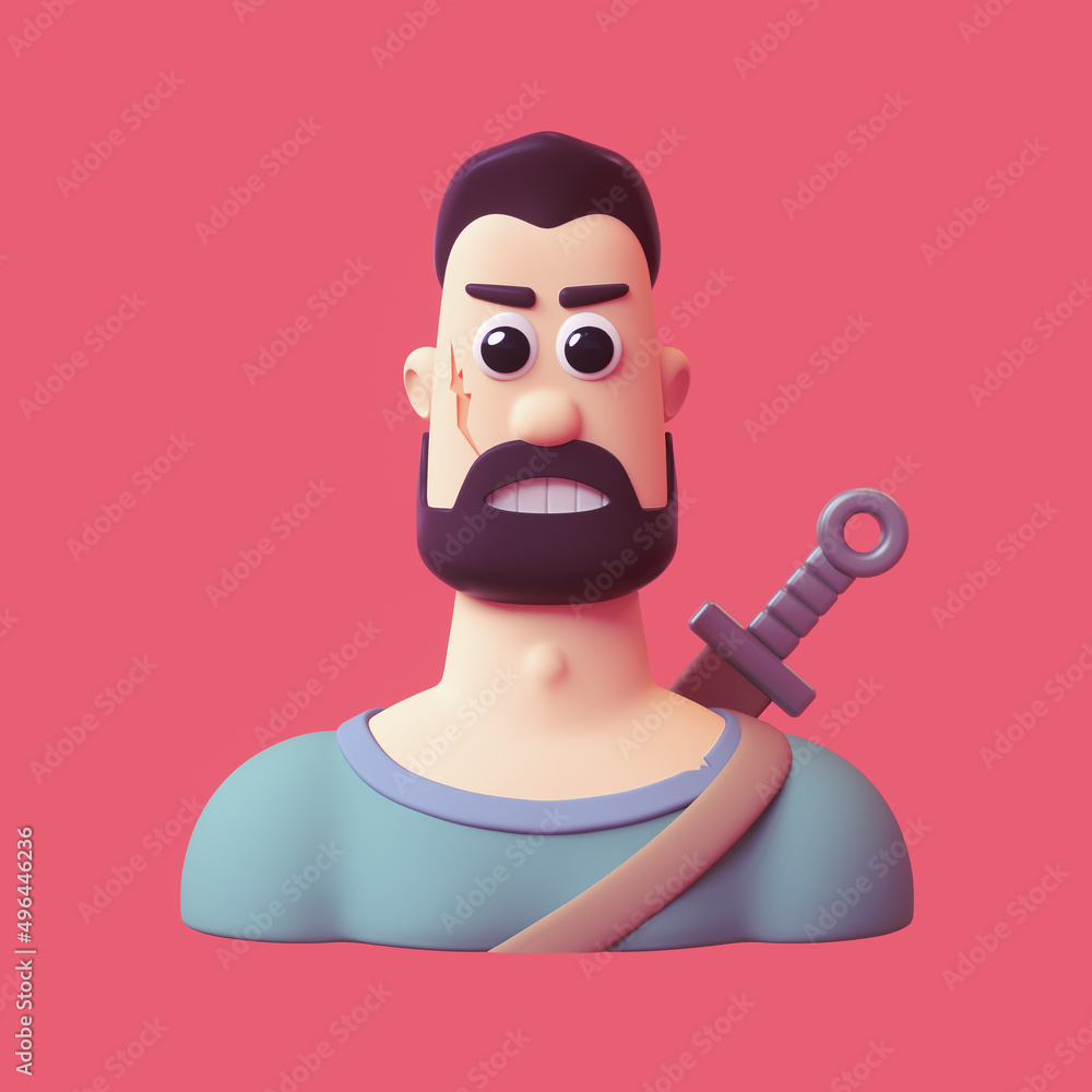 Portrait of an angry brunette hunter with a scar on his cheek, sword ...