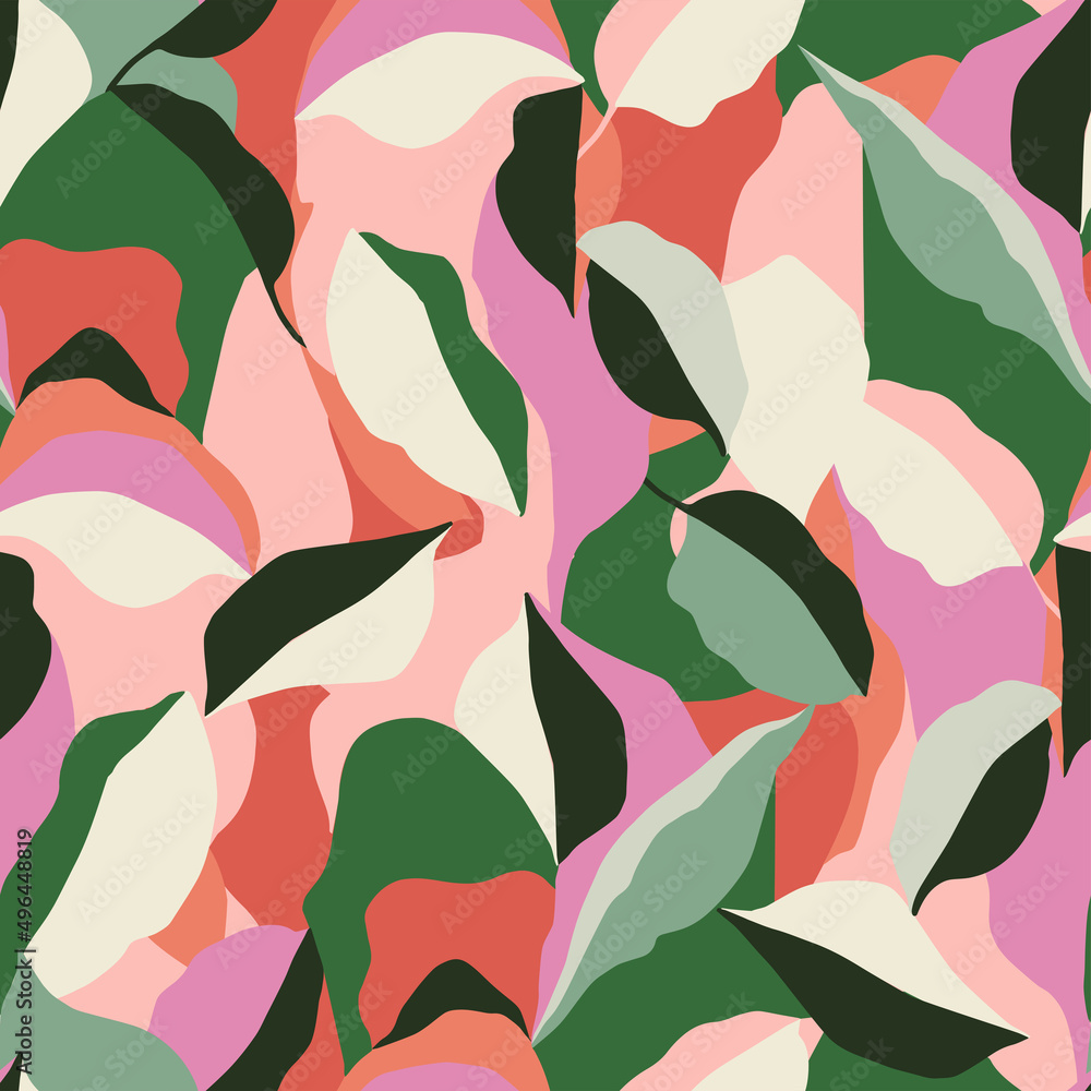 Vector leaf motif color blocking illustration seamless repeat pattern ...