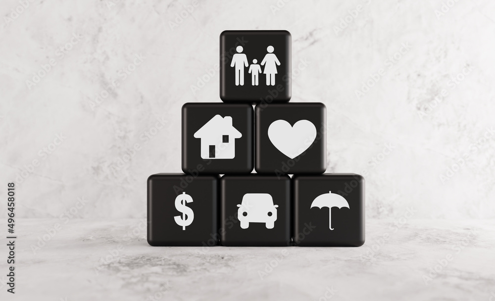 Cubes with icons such as family, home, heart, money. The hierarchy of ...