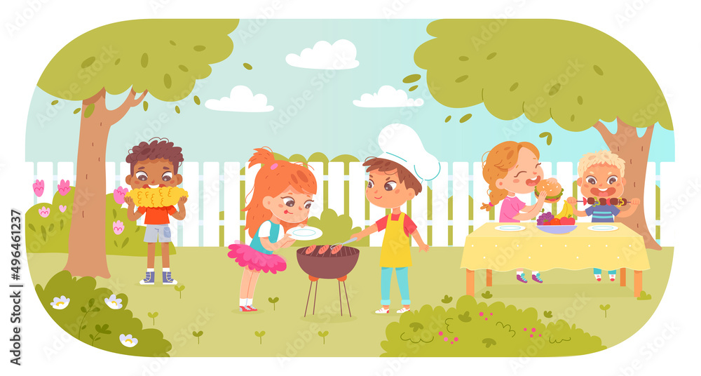Children on barbecue party, happy kids eating bbq food on picnic in ...