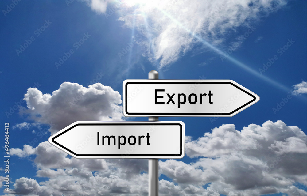 Road sign with two directions export and import with blue sky ...