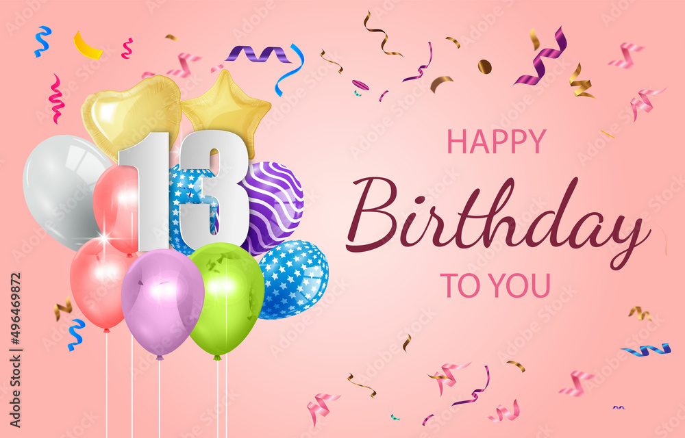 Happy 13th birthday balloons greeting card background vector. Happy ...