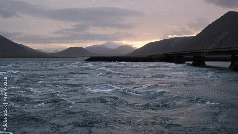 View during auto trip in West Iceland, Kolgrafafjordur fjord bay. Tidal ...