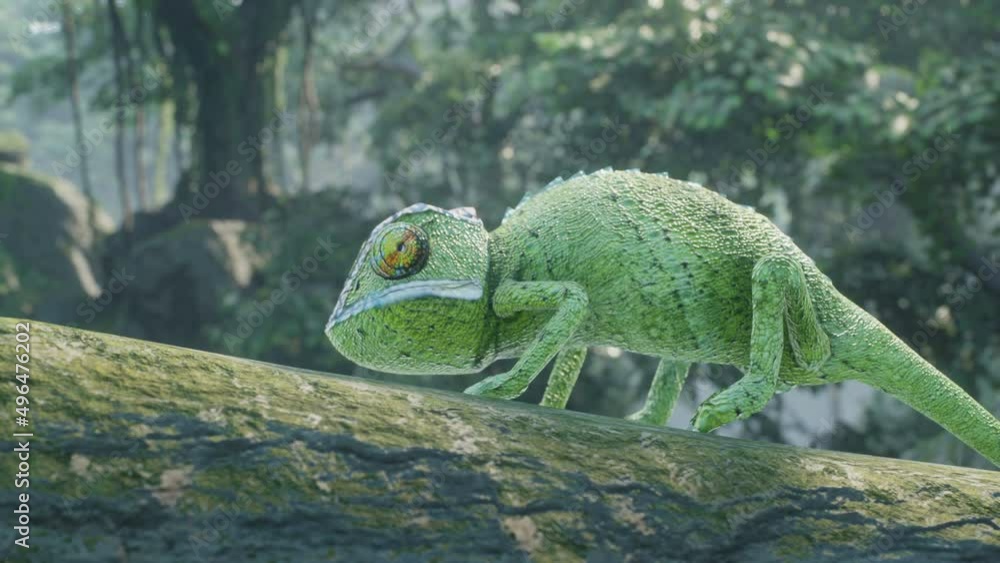 Close-up of a chameleon crawling on a tree branch in the middle of a ...