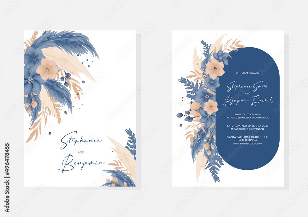 Set of wedding invitations with floral and Pampas grass is golden ...