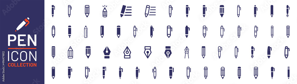 Pen icon collection. Stationery tool symbol isolated on white ...