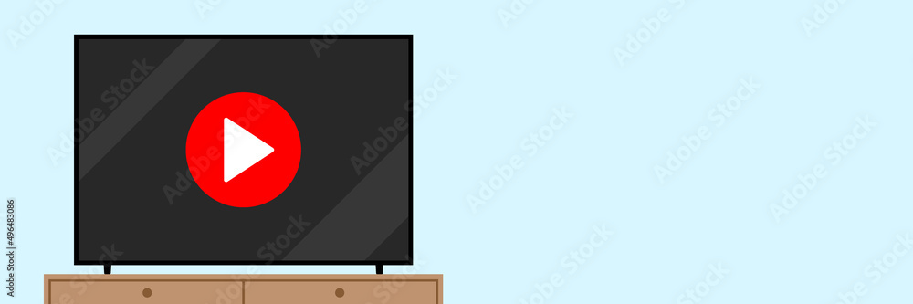 TV with a red play button on a screen, standing on a cabinet on light ...