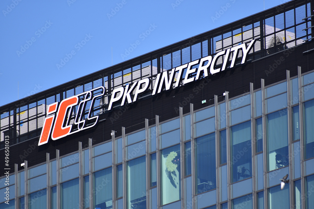 ICC PKP Intercity signage, logo on the facade of Polish National ...