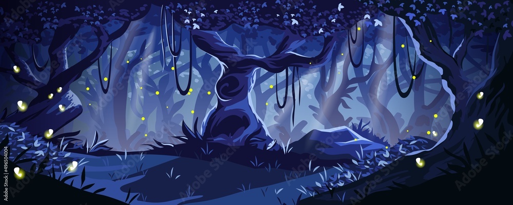 Cartoon night forest. Magic mystic wood with flying fireflies. Dark ...