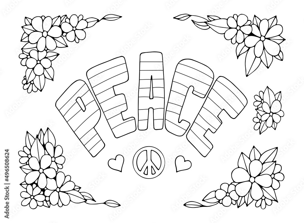 Coloring page Peace. Blooming flowers, symbols of peace, kindness and ...