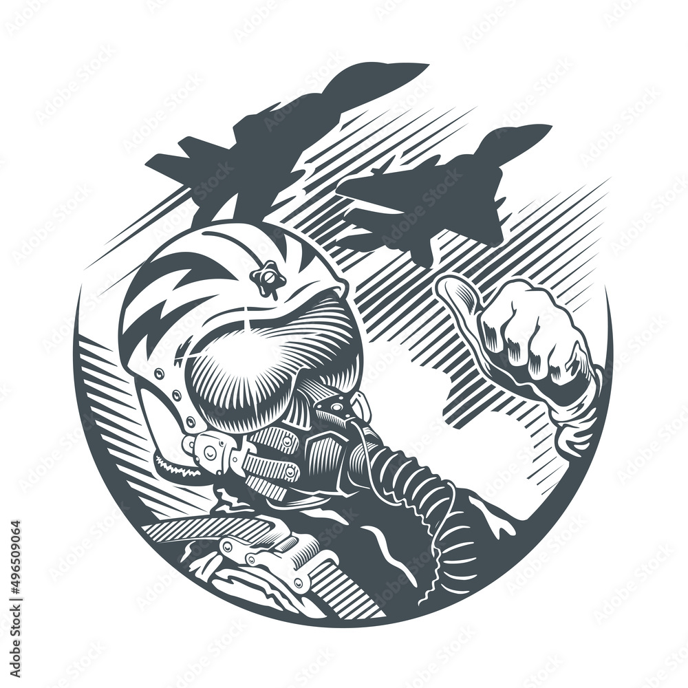 Fighter Pilot sitting in cockpit and two jet fighters. Emblem, t-shirt ...