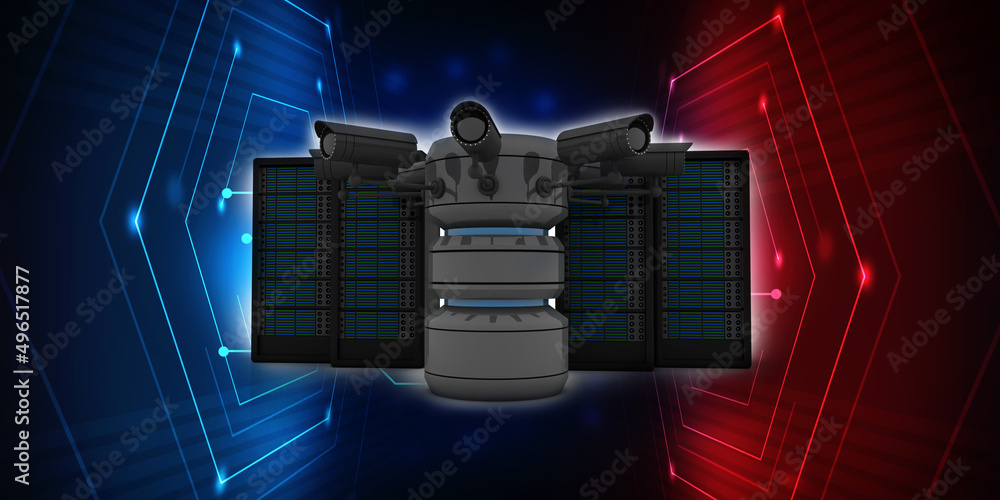 3d illustration Data center server connected database protected cctv ...