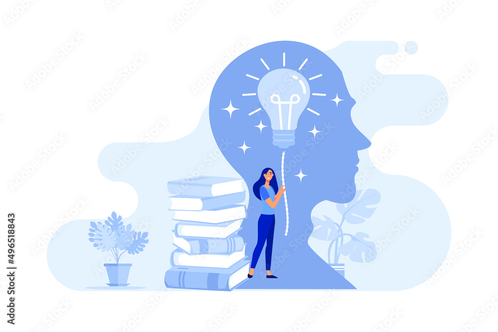 Educational psychology flat person concept with light bulb and head ...