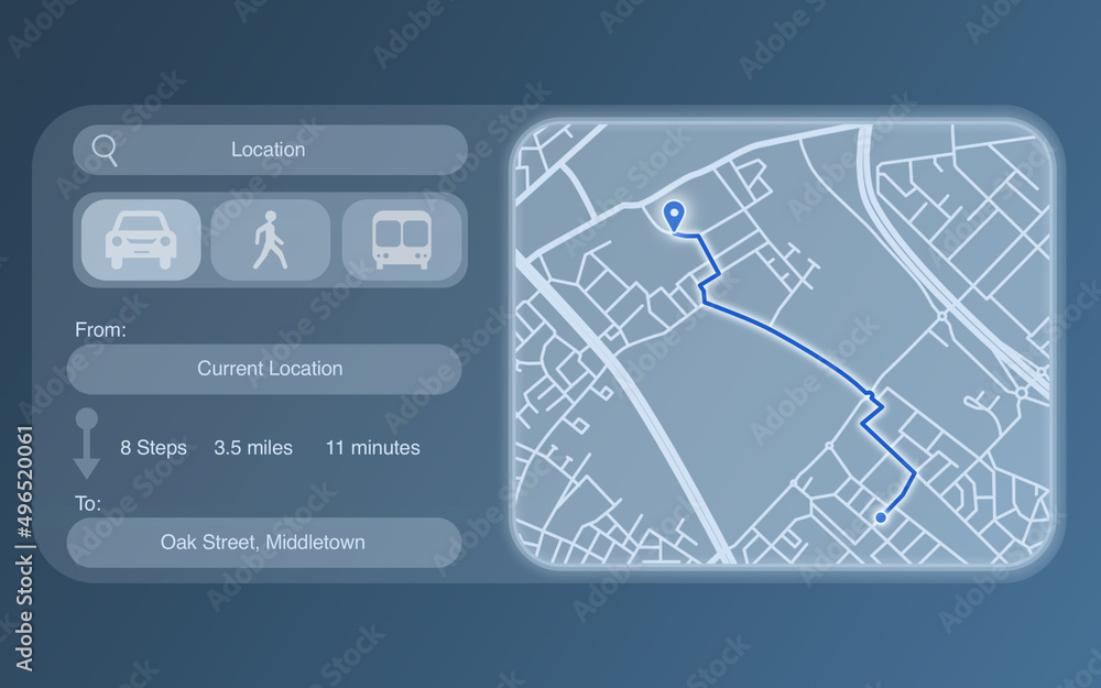 fictitious map app with navigation of a route and map view in front of ...