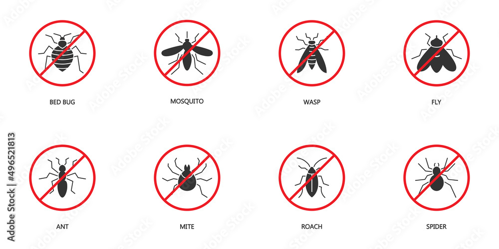 Stop insect icon set. Pest Control icons set. Pests silhouettes. Bed ...