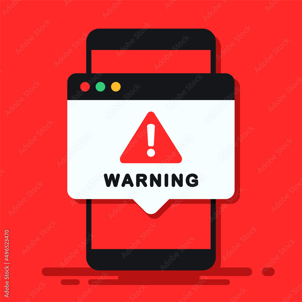Mobile phone warning sign. Smartphone notification, exclamation mark ...