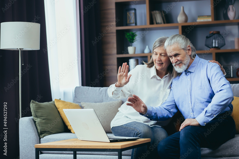 senior couple man and woman communicate online on video call chat using ...