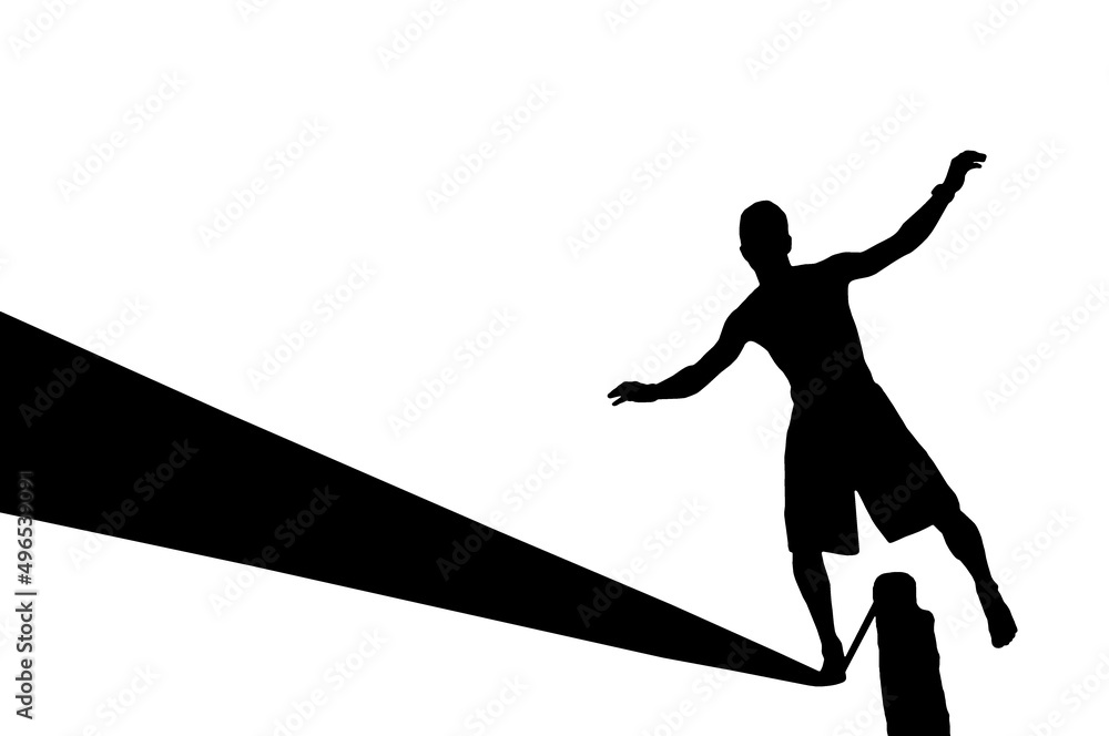Silhouette of young man balancing on slackline isolated on white ...