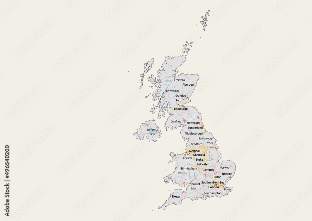 Isolated map of United Kingdom with capital, national borders ...