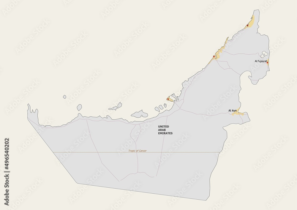 Isolated map of United Arab Emirates with capital, national borders ...