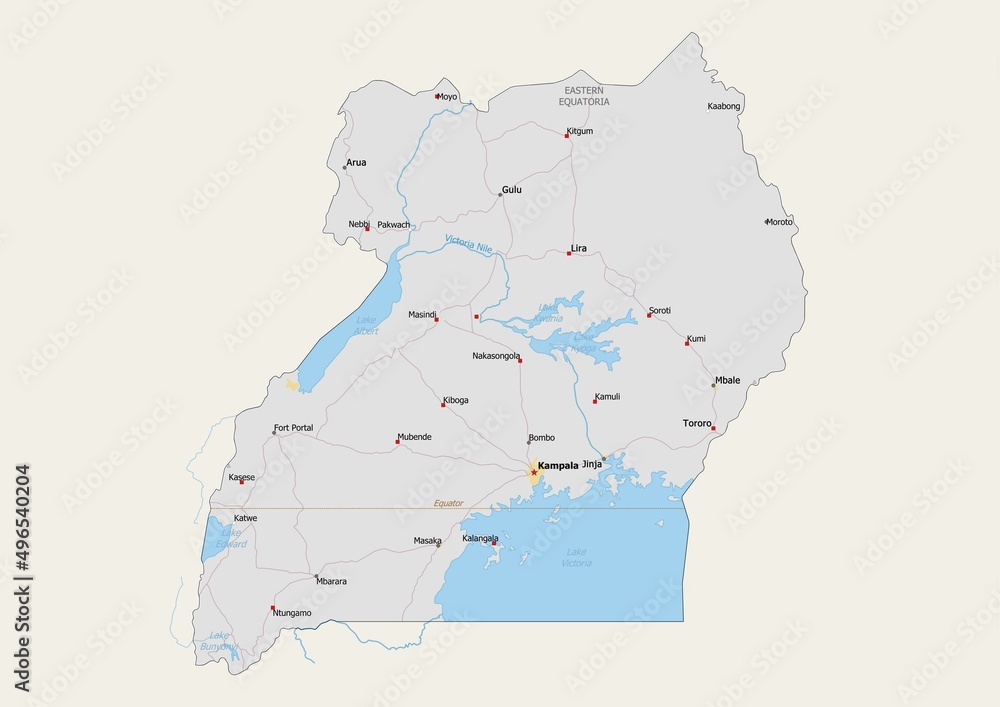 Isolated map of Uganda with capital, national borders, important cities ...
