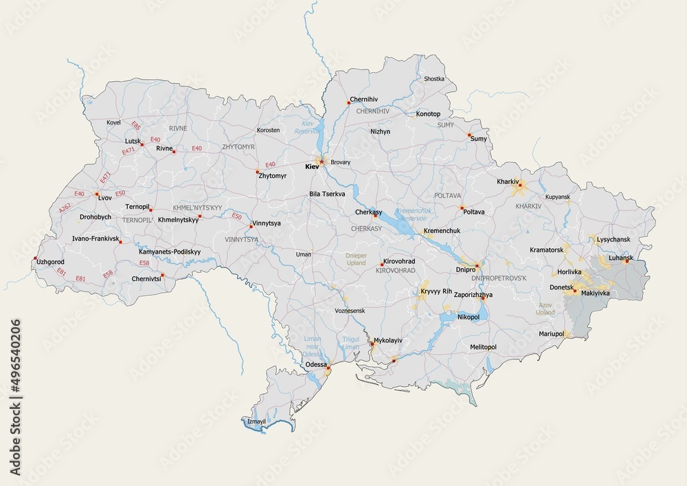 Isolated map of Ukraine with capital, national borders, important ...