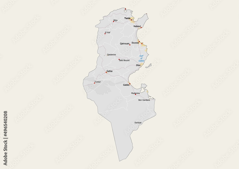 Isolated map of Tunisia with capital, national borders, important ...