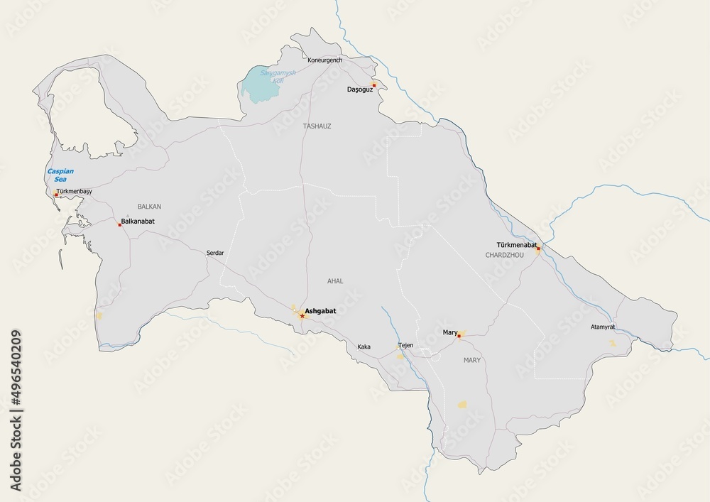 Isolated map of Turkmenistan with capital, national borders, important ...