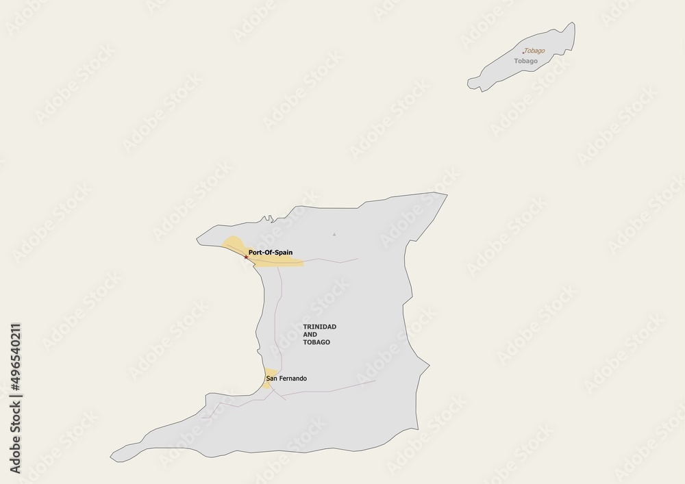 Isolated map of Trinidad and Tobago with capital, national borders ...