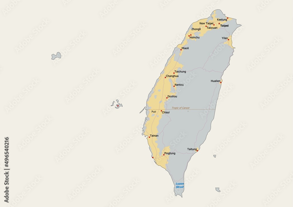 Isolated map of Taiwan with capital, national borders, important cities ...
