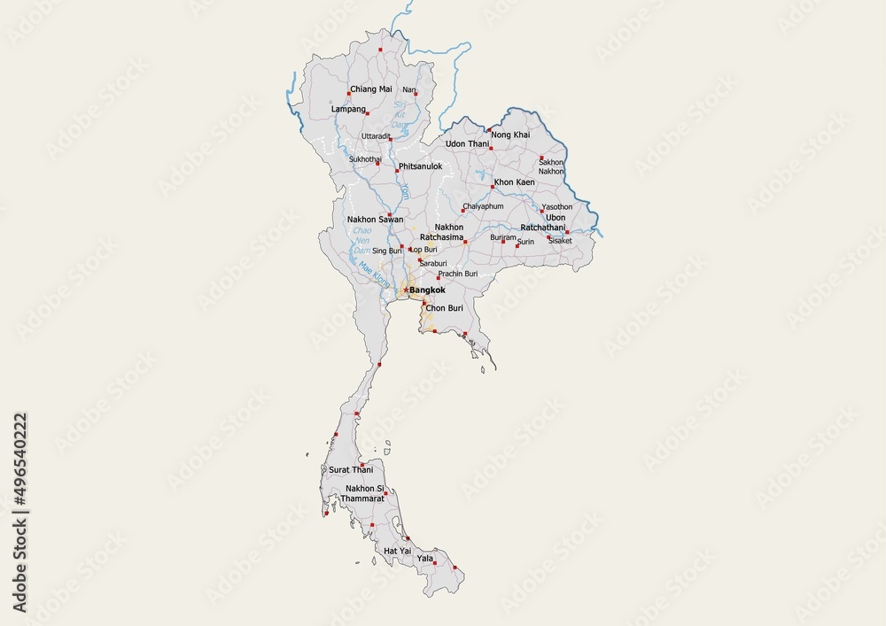 Isolated map of Thailand with capital, national borders, important ...