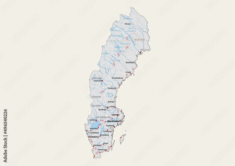Isolated map of Sweden with capital, national borders, important cities ...