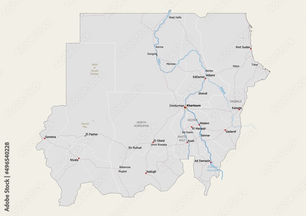 Isolated map of Sudan with capital, national borders, important cities ...