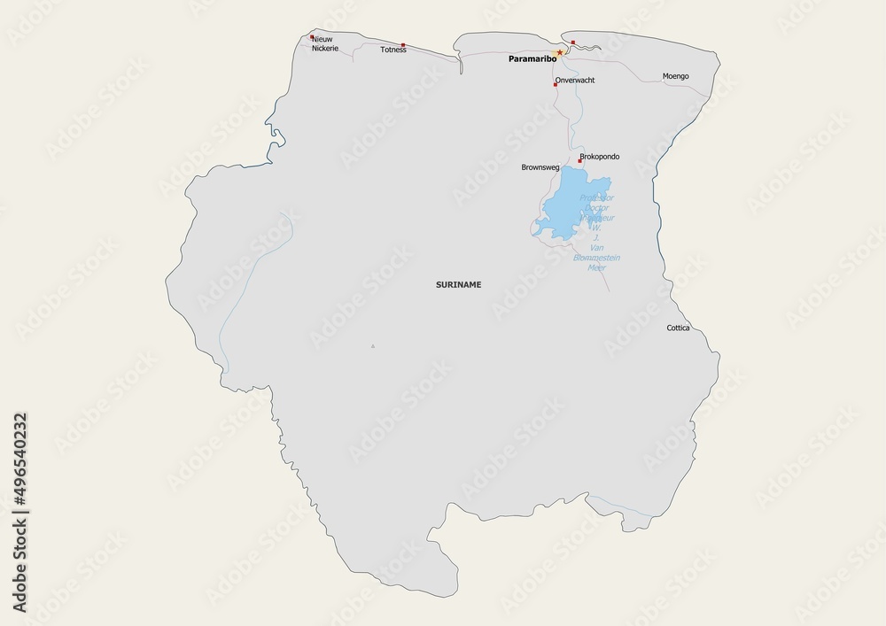 Isolated map of Suriname with capital, national borders, important ...