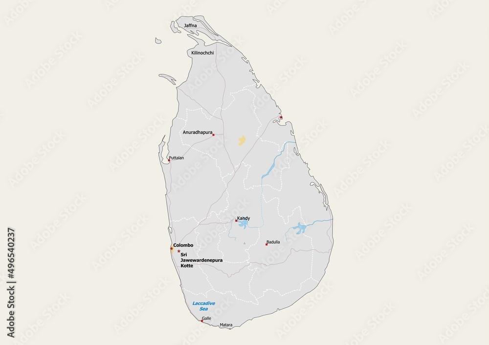 Isolated map of Sri Lanka with capital, national borders, important ...