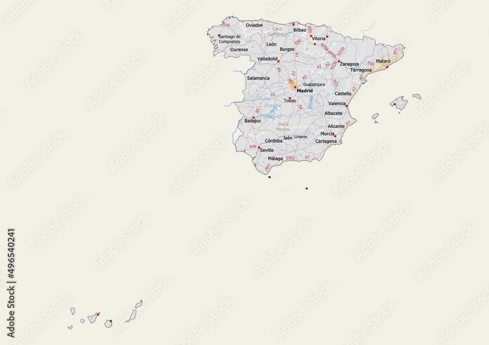 Isolated map of Spain with capital, national borders, important cities ...