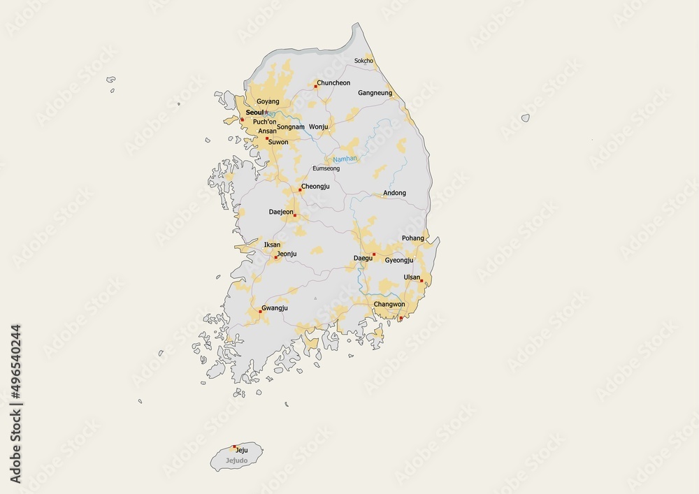 Isolated map of South Korea with capital, national borders, important ...