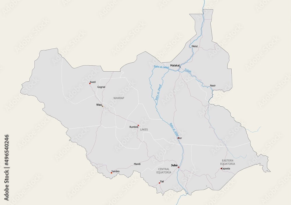 Isolated map of South Sudan with borders, important cities, rivers ...