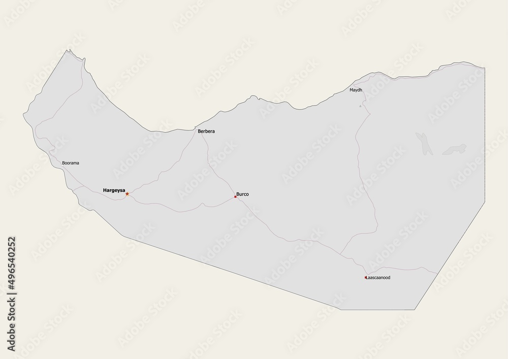Isolated map of Somaliland with capital, national borders, important ...