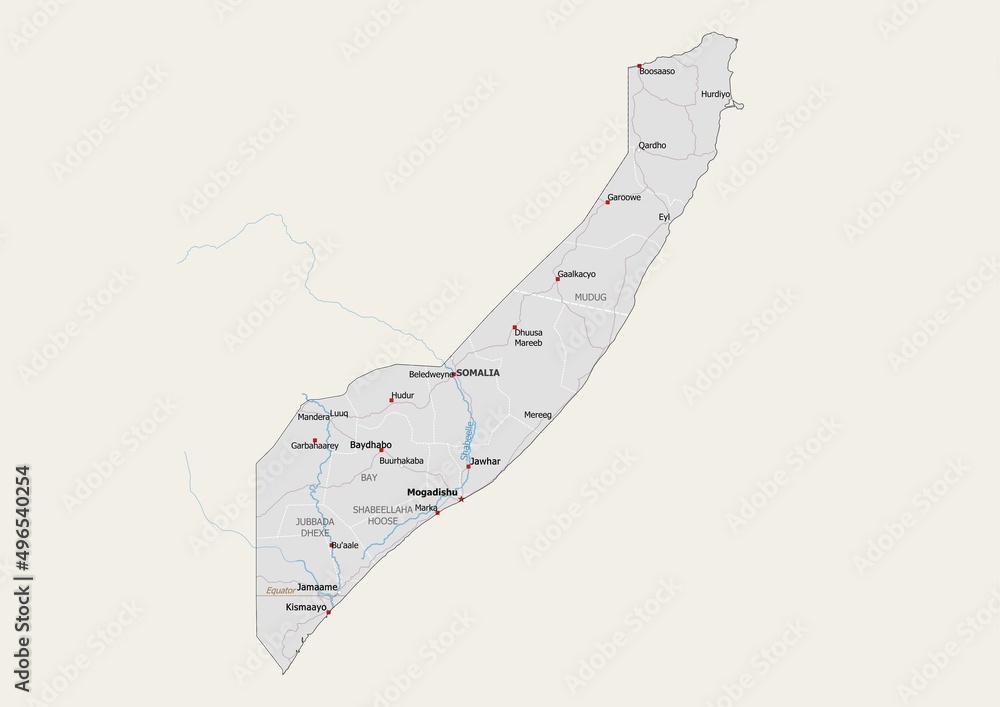 Isolated map of Somalia with capital, national borders, important ...