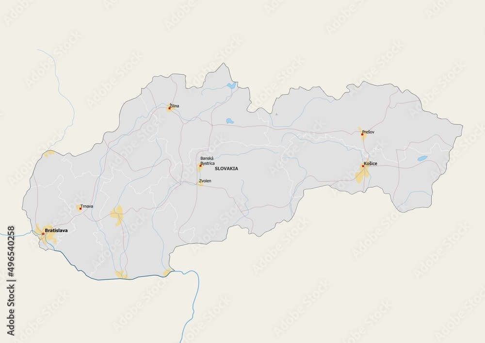Isolated map of Slovakia with capital, national borders, important ...