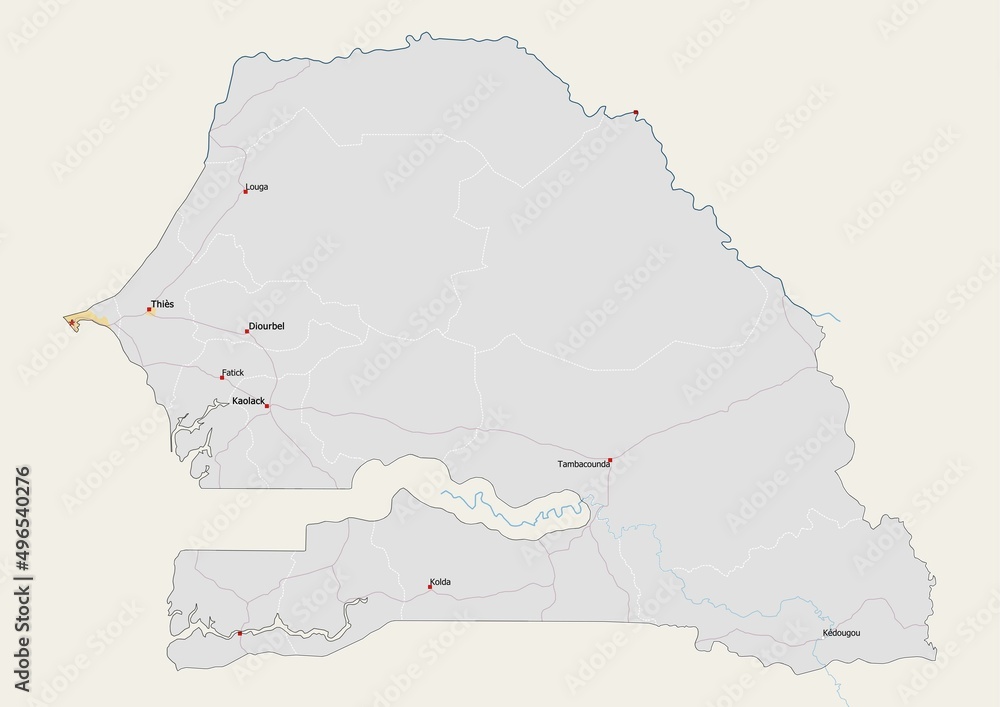 Isolated map of Senegal with capital, national borders, important ...