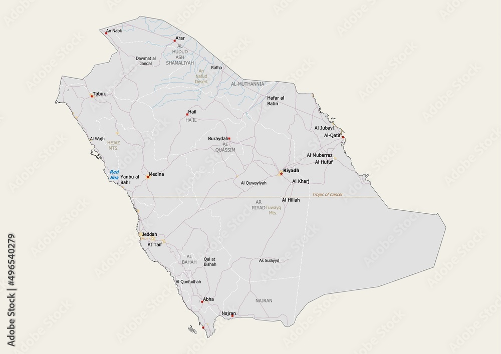 Isolated map of Saudi Arabia with capital, national borders, important ...