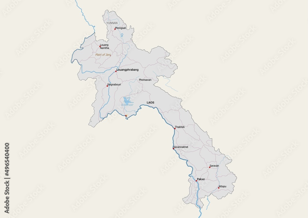 Isolated map of Laos with capital, national borders, important cities ...