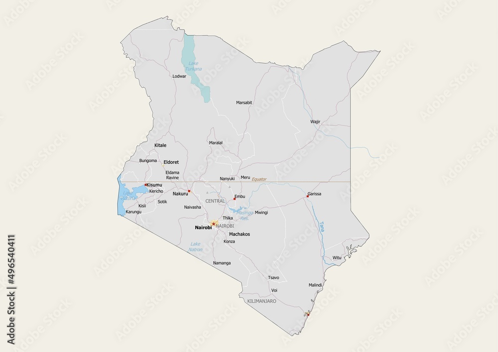 Isolated map of Kenya with capital, national borders, important cities ...