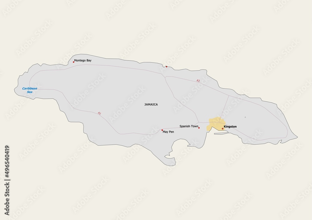 Isolated map of Jamaica with capital, national borders, important ...