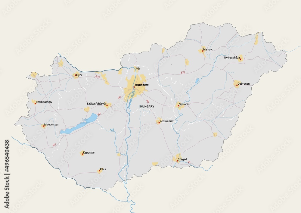 Isolated map of Hungary with capital, national borders, important ...