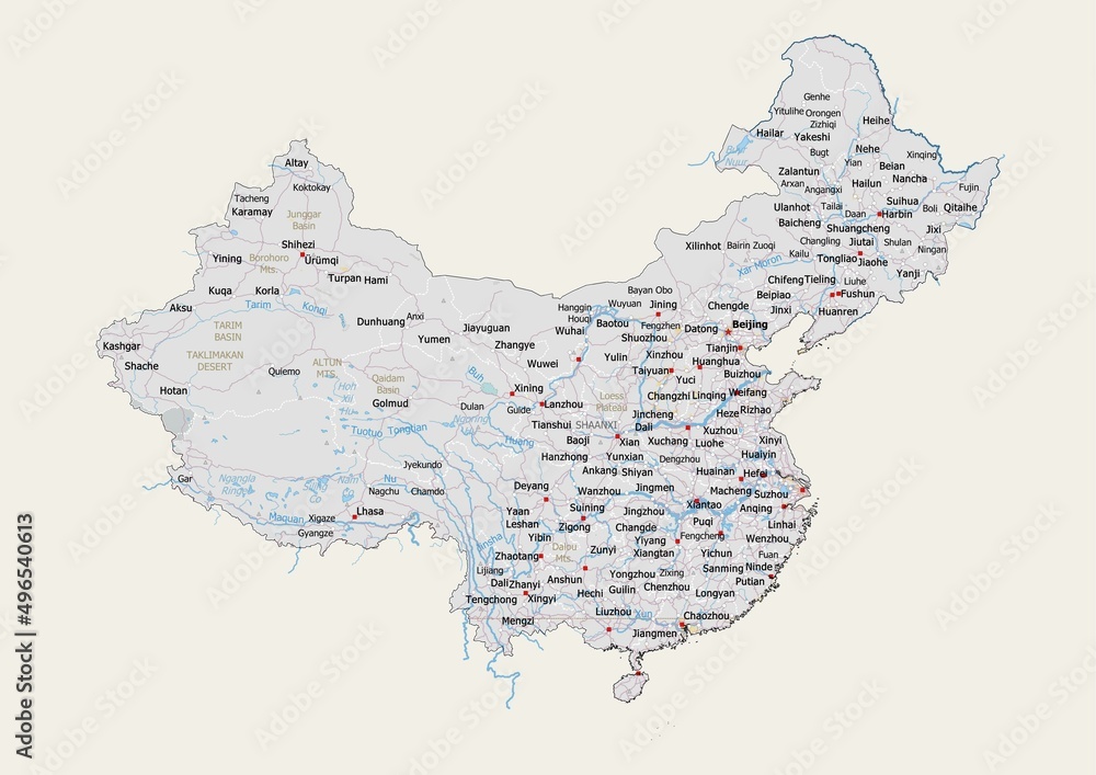 Isolated map of China with capital, national borders, important cities ...