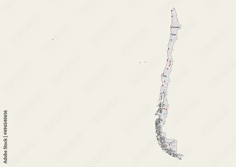 Isolated map of Chile with capital, national borders, important cities ...