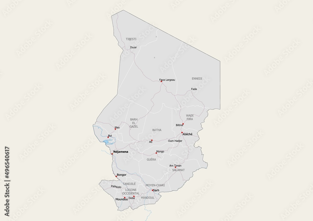 Isolated map of Chad with capital, national borders, important cities ...